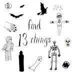 Halloween Illustration with 13 hidden pictures. Can you find them?